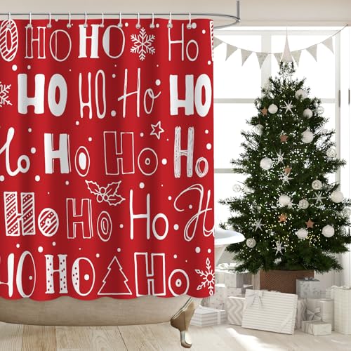 APROPHIC Funny Christmas Shower Curtain for Bathroom Decor Ho Ho Ho Snowflakes Xmas Winter New Year Holiday Red Waterproof Polyester Fabric Shower Curtain Set with 12 Hooks 72x 72 Inches