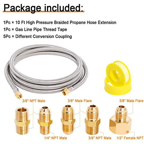 Propane Hose Extension Stainless Steel 10 Feet,3/8" Female Flare Includes 5 Conversion Coupling and Thread Tape,for RV, BBQ Grill, Propane Tank, Heater Braided Propane Gas Line
