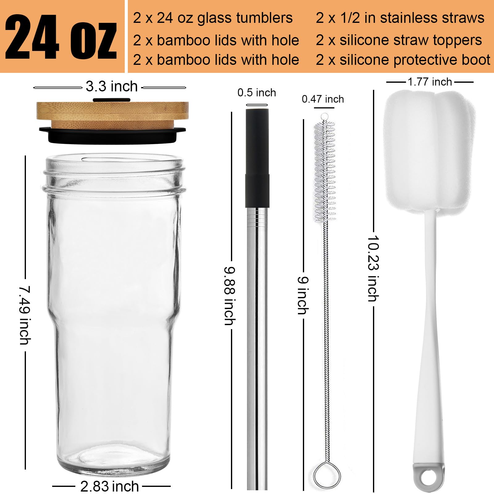 ALINK Glass Cups with Lids and Straws, 24 oz Mason Jar Drinking Glasses Tumbler with Silicone Boot, Tips, Brush, Reusable Iced Coffee Cups, Boba Tea Smoothie Cups - 2 Black