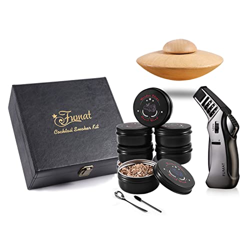 FUMAT Cocktail Smoker Kit with Torch,Smoked Old Fashioned Bourbon Whiskey Smoker Kit+PU Box,6 Flavors Wood Chips,Drink Smoker Infuser Kit, Brithday Whiskey Gifts for Men Dad