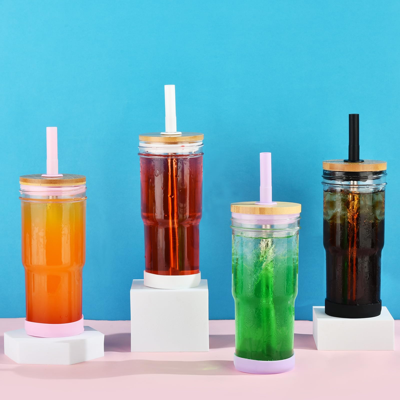 ALINK Glass Cups with Lids and Straws, 24 oz Mason Jar Drinking Glasses Tumbler with Silicone Boot, Tips, Brush, Reusable Iced Coffee Cups, Boba Tea Smoothie Cups - 2 Black