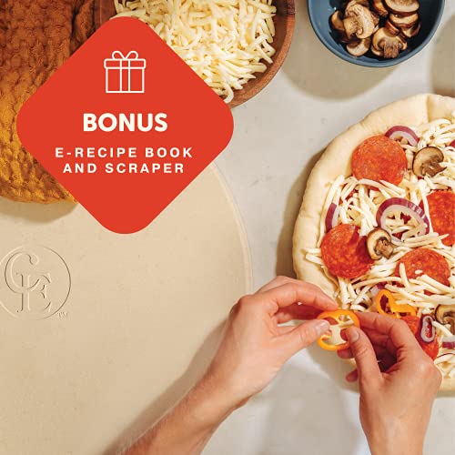 Cast Elegance Durable Thermal Shock Resistant Thermarite Pizza Stone & Baking Stone for Oven & Grill, Includes Wooden Pizza Paddle, Recipe E-Book & Cleaning Scraper, Large,14x16 inch, 5/8th inch Thick