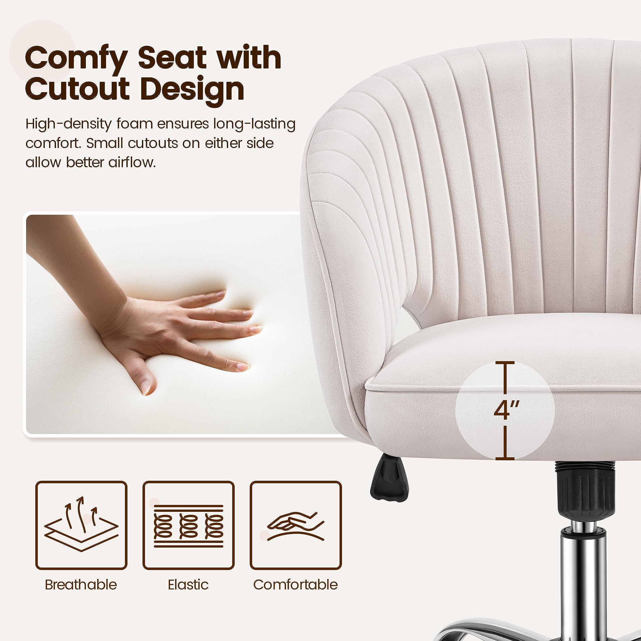 Yaheetech Cute Desk Chair Velvet Chair Vanity Chair with Wheels Home Office Chair Upholstered Modern Swivel Chair with Tufted Barrel Back for Study, Vanity, Bedroom Cream
