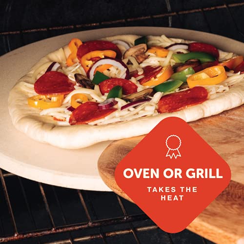 Cast Elegance Durable Thermal Shock Resistant Thermarite Pizza Stone & Baking Stone for Oven & Grill, Includes Wooden Pizza Paddle, Recipe E-Book & Cleaning Scraper, Large,14x16 inch, 5/8th inch Thick