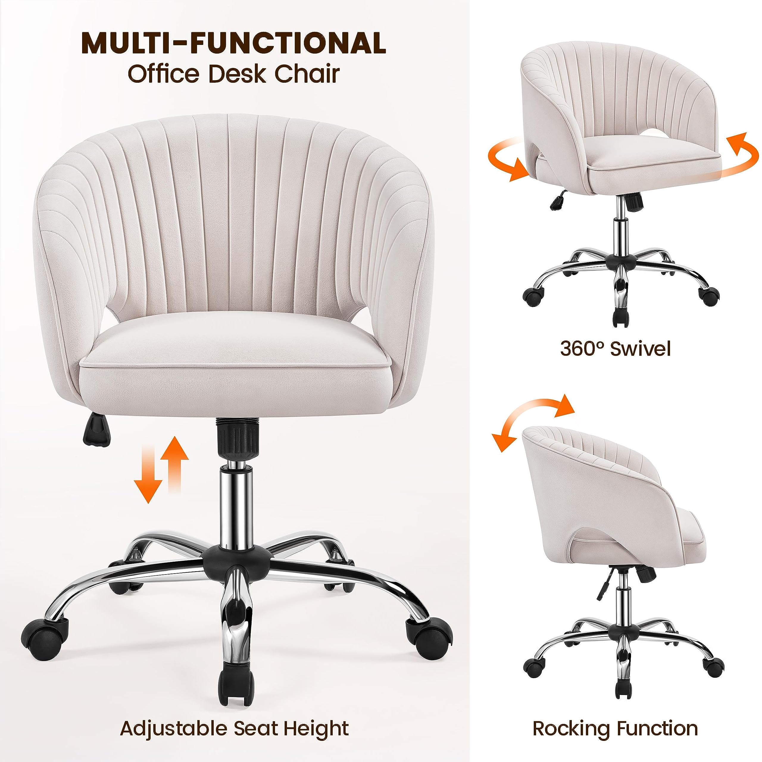Yaheetech Cute Desk Chair Velvet Chair Vanity Chair with Wheels Home Office Chair Upholstered Modern Swivel Chair with Tufted Barrel Back for Study, Vanity, Bedroom Cream