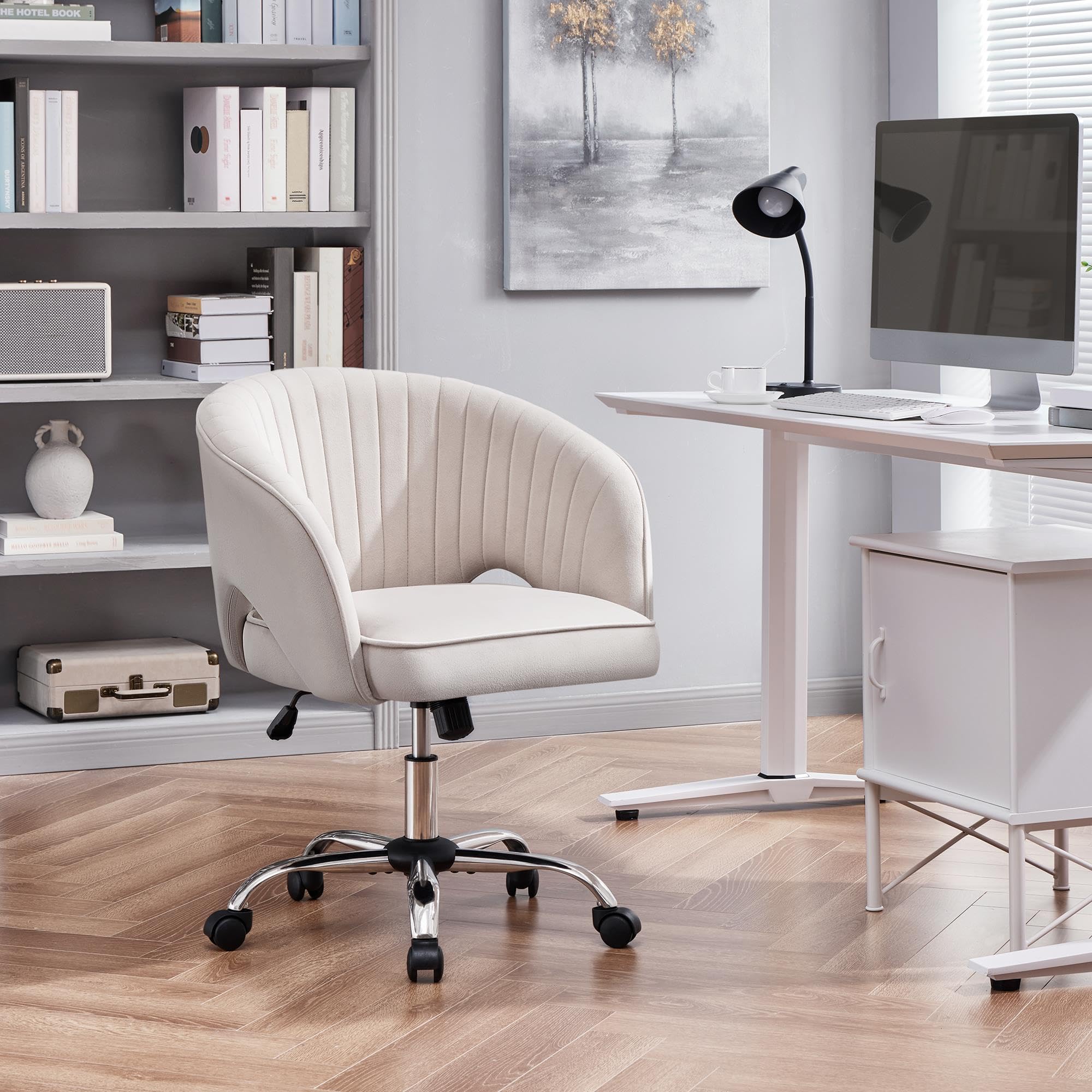 Yaheetech Cute Desk Chair Velvet Chair Vanity Chair with Wheels Home Office Chair Upholstered Modern Swivel Chair with Tufted Barrel Back for Study, Vanity, Bedroom Cream