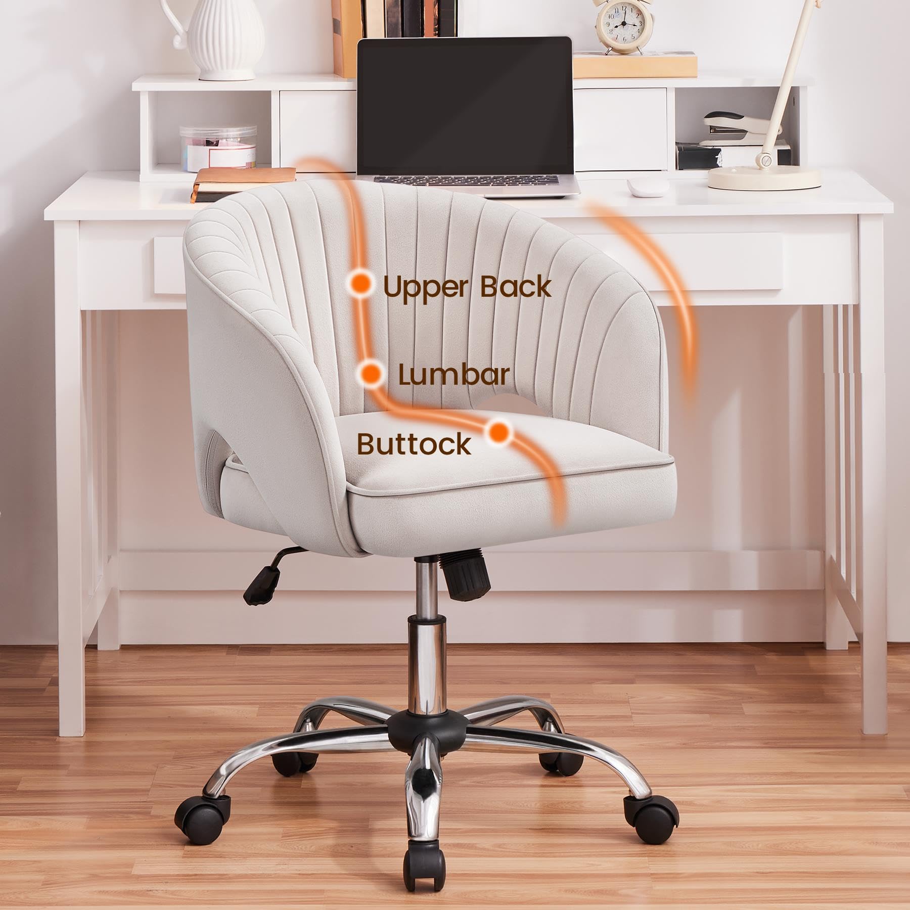 Yaheetech Cute Desk Chair Velvet Chair Vanity Chair with Wheels Home Office Chair Upholstered Modern Swivel Chair with Tufted Barrel Back for Study, Vanity, Bedroom Cream