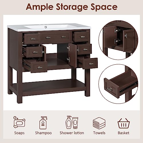 VKKILPEE 36'' Freestanding Bathroom Vanity Set Bathroom Vanity with Top Sink, Bath Vanity Storage Cabinet with 6 Drawers & 2 Soft Closing Doors, Modern Bathroom Vanity and Sink Combo, Brown