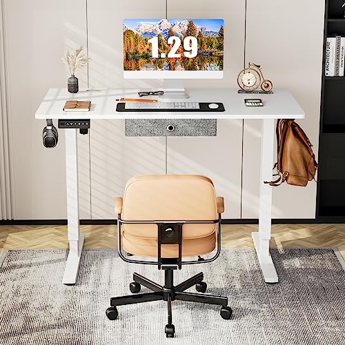 DUMOS Adjustable Height Electric Standing Desk with Drawer,40 x 24 in Ergonomic Computer Table with Splicing Board, Wire Hole and Hook for Workstation for Home, Office, White