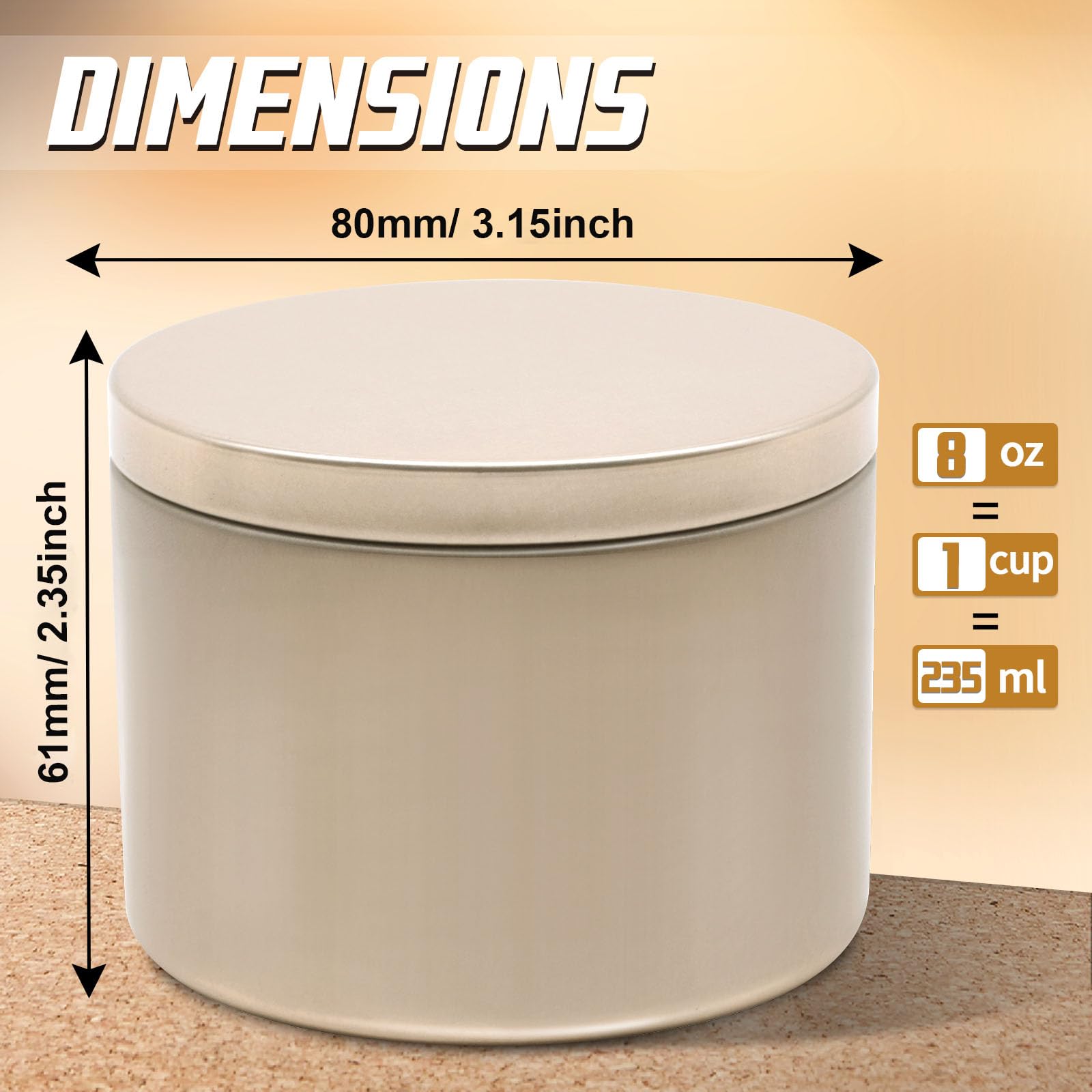 YJHSS Candle Tins 8 OZ, Set of 24 Premium Matte Full Rose Gold Candle Jars for Candle Making, 8oz Candle Tin with Lids for Candle Making, Bulk Empty Candle Containers for Small Business - Gold