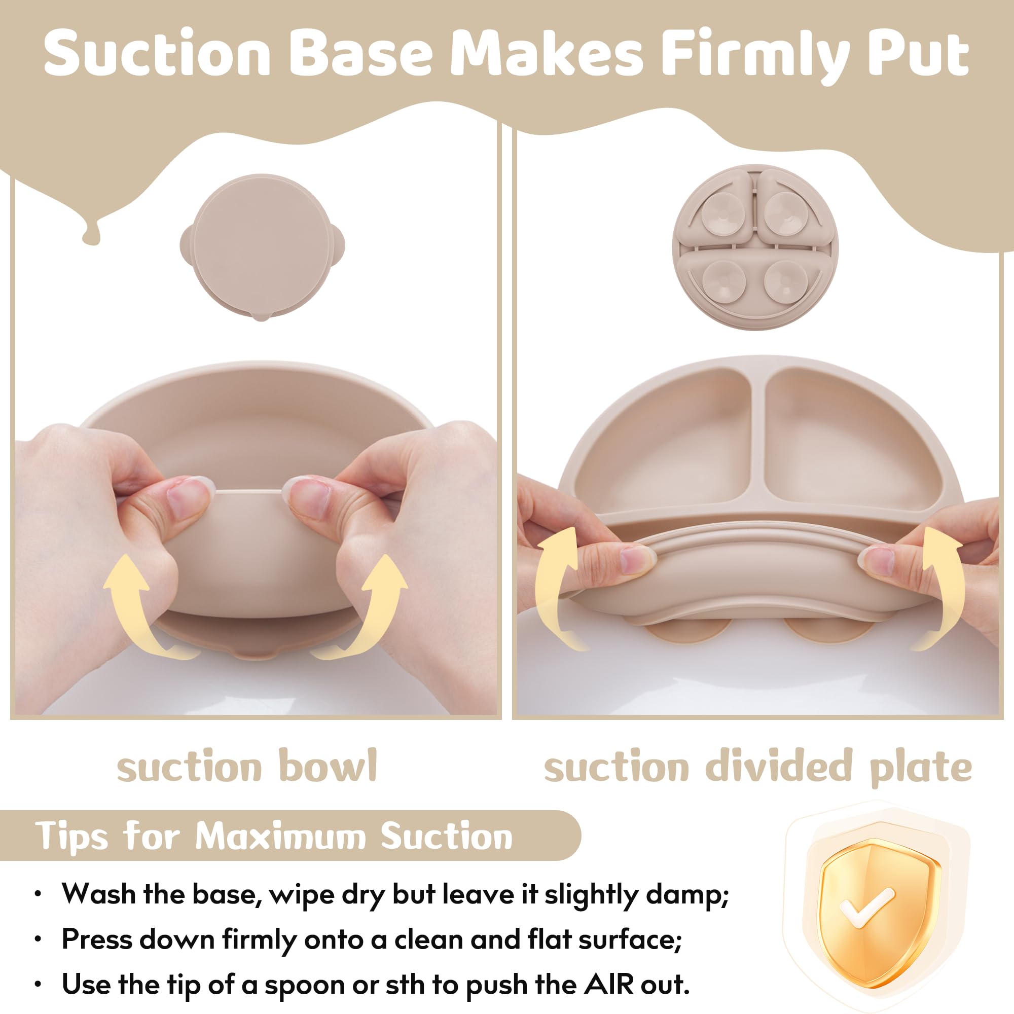 Bufims Silicone Baby Feeding Set, Baby Led Weaning Supplies, Eating Essentials Utensils with Suction Plate and Bowl, Pocket Bib, Sippy Cup with Lid, Forks Spoons Snack Container, for 6+ Months, Beige