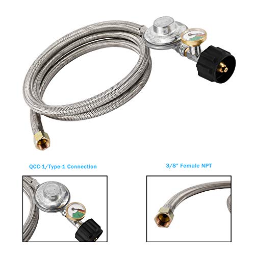 Artilife 5 FT (1.5M) Propane Regulator Hose Replacement with Propane Tank Gauge, Stainless Steel Braided Hose for Burner Stove, Gas Water Heater, Burner and More