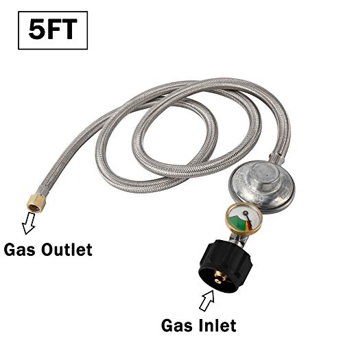 Artilife 5 FT (1.5M) Propane Regulator Hose Replacement with Propane Tank Gauge, Stainless Steel Braided Hose for Burner Stove, Gas Water Heater, Burner and More