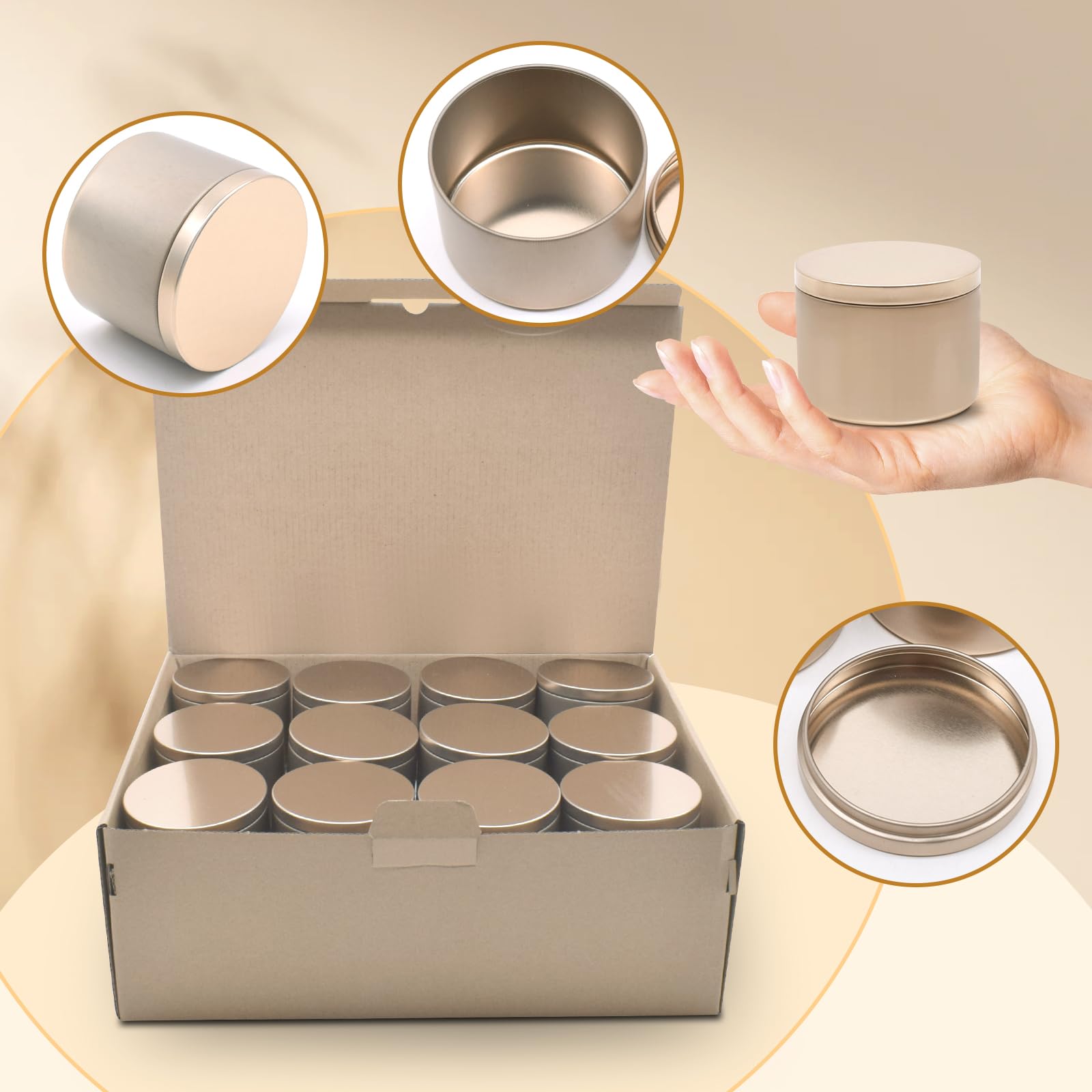 YJHSS Candle Tins 8 OZ, Set of 24 Premium Matte Full Rose Gold Candle Jars for Candle Making, 8oz Candle Tin with Lids for Candle Making, Bulk Empty Candle Containers for Small Business - Gold