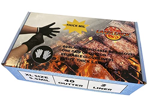LavaLock Heavy Duty Thick 5.5 Mil Black Disposable Nitrile BBQ Gloves with 2 cotton liners for outdoor cooking grilling smokers and barbecue competition, chef or kitchen use (40, Extra-Large)