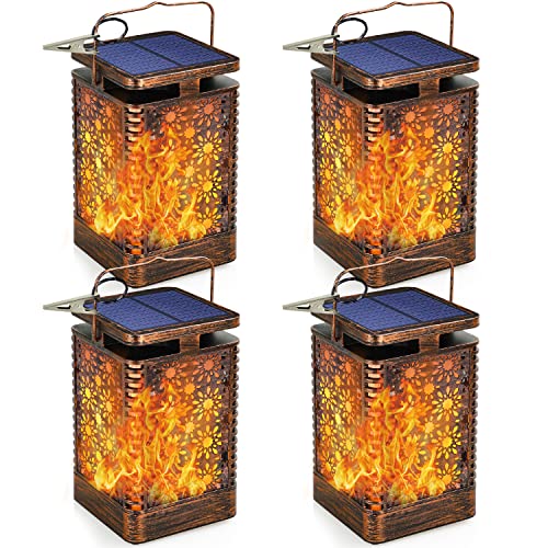 Solar Lanterns Outdoor Waterproof, Flickering Flame Outdoor Hanging Solar Lanterns Retro Solar Lights with Handle, Decorative Outdoor Lighting Solar Powered Umbrella Lights for Patio Garden 4 Pack