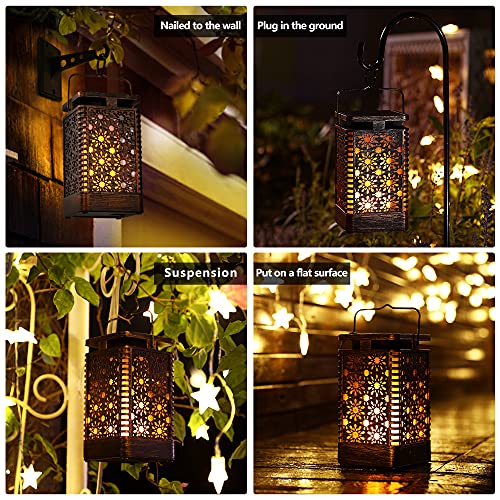 Solar Lanterns Outdoor Waterproof, Flickering Flame Outdoor Hanging Solar Lanterns Retro Solar Lights with Handle, Decorative Outdoor Lighting Solar Powered Umbrella Lights for Patio Garden 4 Pack