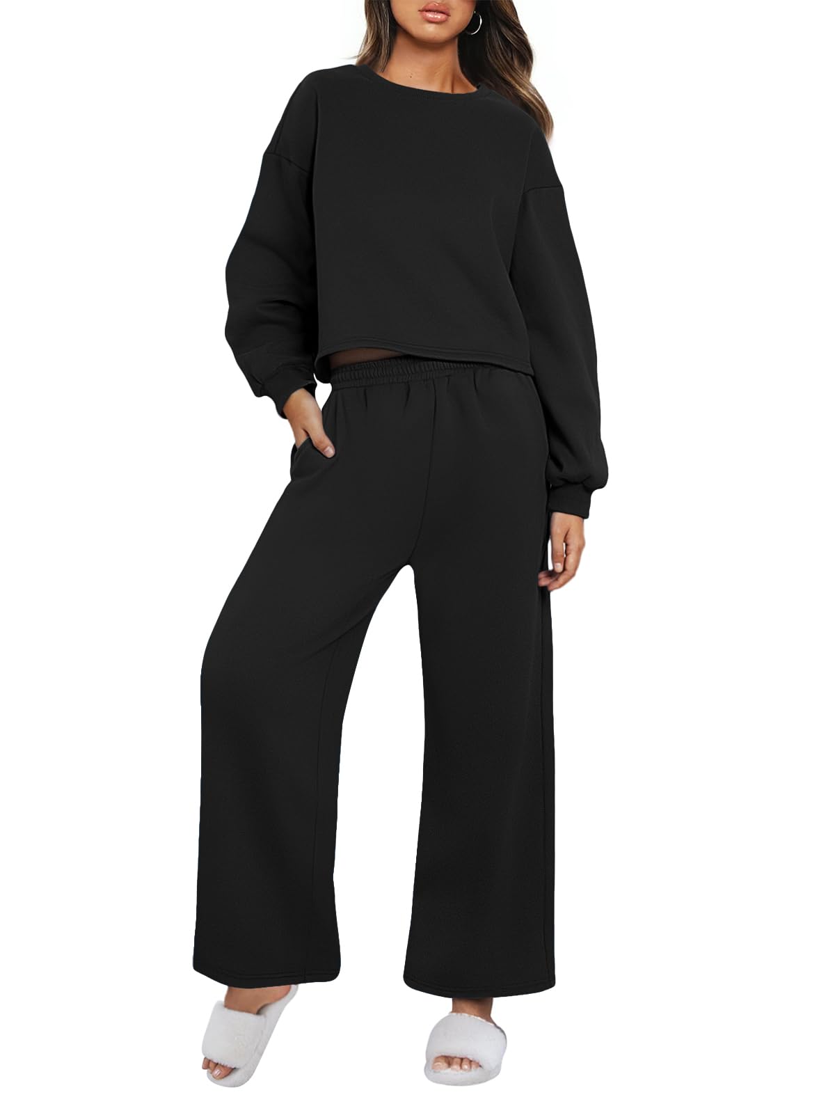 AUTOMET Womens Matching Lounge Sets 2 Piece Outfits Loungewear Sweatsuits Long Sleeve Crop Tops Wide Leg Sweatpants Two Piece Fall Clothes Winter Going Out Workout Spring Pajamas Fashion 2023