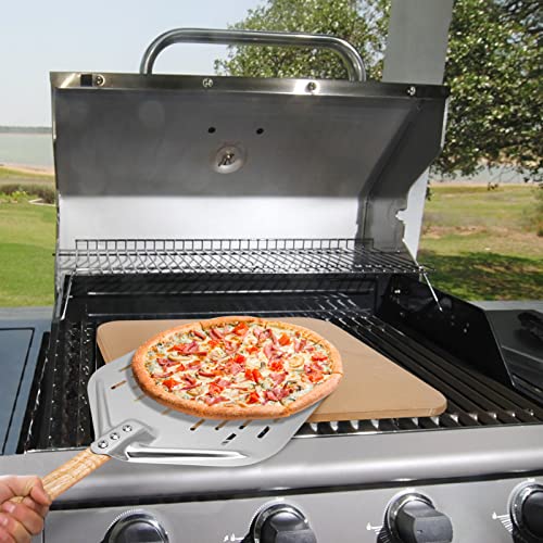 YAKSHA Pizza Stone for Oven and Grill 15" x 12" Large Pizza Grilling Stone and Peel Set with Pizza Cutter Wheel for BBQ, Rectangular Baking Stone for Crisp Bottoms Pies Pastry Bread Calzone