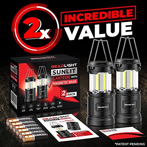 GearLight Camping Lantern - 2 Portable, LED Battery Powered Lamp Lights, Magnetic Base and Foldable Hook for Emergency Use or Camp Sites. Gift for him, for Kids Stocking Stuffer. Christmas Gift.