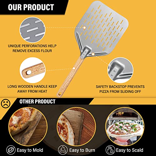 YAKSHA Pizza Stone for Oven and Grill 15" x 12" Large Pizza Grilling Stone and Peel Set with Pizza Cutter Wheel for BBQ, Rectangular Baking Stone for Crisp Bottoms Pies Pastry Bread Calzone