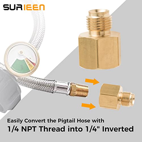 SURIEEN RV Propane Hose Adapter 1/4" Female Pipe NPT x 1/4" Inverted Male Flare(7/16-24UNF), Brass Convert Adapter Fittings for Propane Lines (Pack of 2)