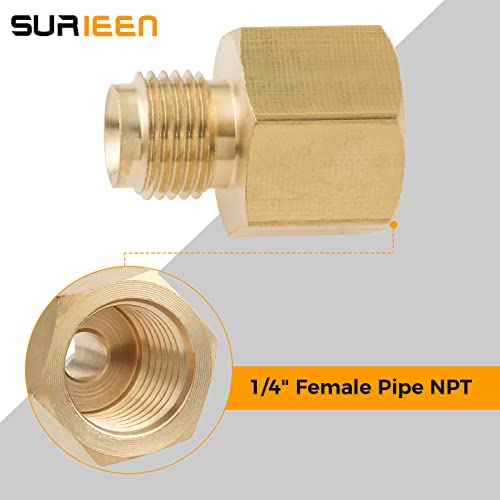 SURIEEN RV Propane Hose Adapter 1/4" Female Pipe NPT x 1/4" Inverted Male Flare(7/16-24UNF), Brass Convert Adapter Fittings for Propane Lines (Pack of 2)