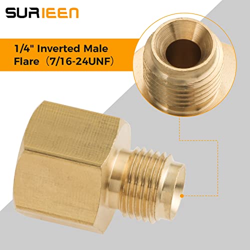 SURIEEN RV Propane Hose Adapter 1/4" Female Pipe NPT x 1/4" Inverted Male Flare(7/16-24UNF), Brass Convert Adapter Fittings for Propane Lines (Pack of 2)