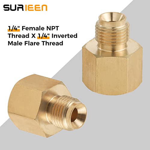 SURIEEN RV Propane Hose Adapter 1/4" Female Pipe NPT x 1/4" Inverted Male Flare(7/16-24UNF), Brass Convert Adapter Fittings for Propane Lines (Pack of 2)