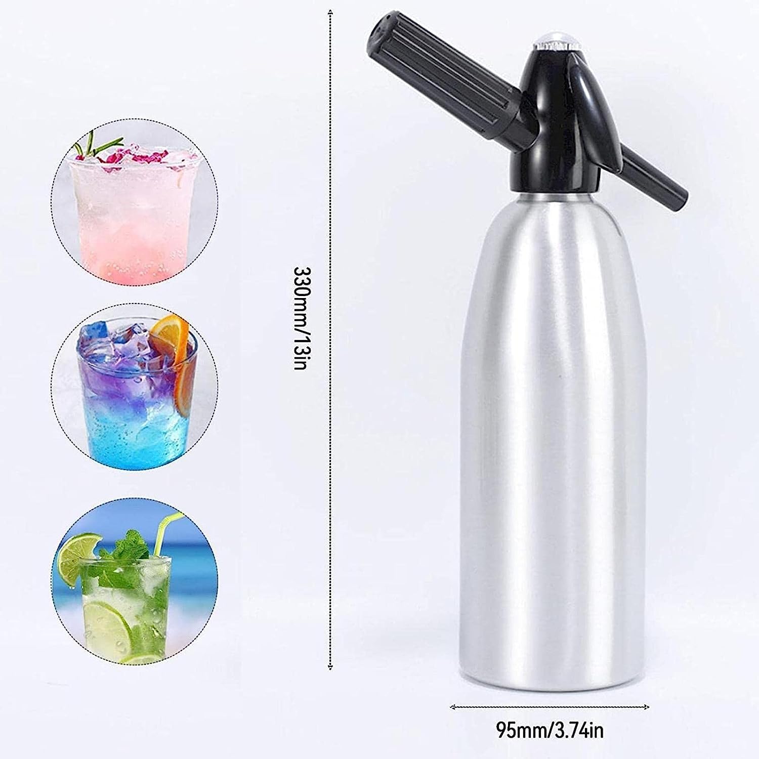 Sparkling Water Maker, 1L Soda Streaming Machine, Aluminum Soda Maker for Home, Portable Water Maker for Soda Water, Cocktails or Soda Water, 8 gram CO2 Cartridges(Not Included) (Silver)