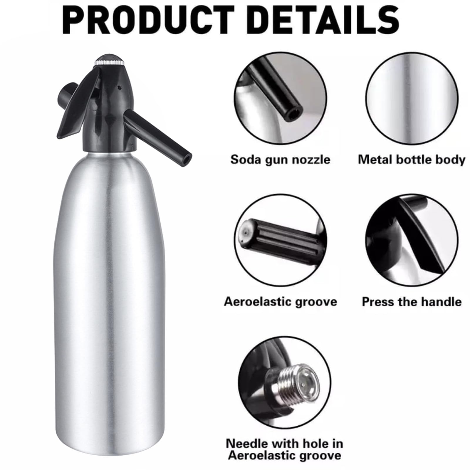 Sparkling Water Maker, 1L Soda Streaming Machine, Aluminum Soda Maker for Home, Portable Water Maker for Soda Water, Cocktails or Soda Water, 8 gram CO2 Cartridges(Not Included) (Silver)