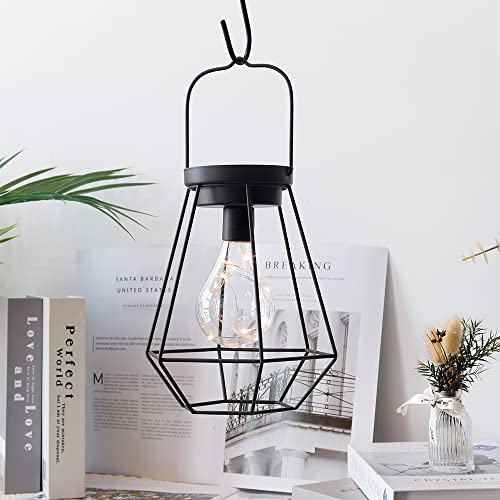 JHY DESIGN Diamond Metal Cage Table Lamp Battery Powered Hanging Lanterns, Cordless Lamp with LED Edsion Style Bulb for Weddings,Parties,Patio,Events for Indoors/Outdoors (Hanging Hook Included)