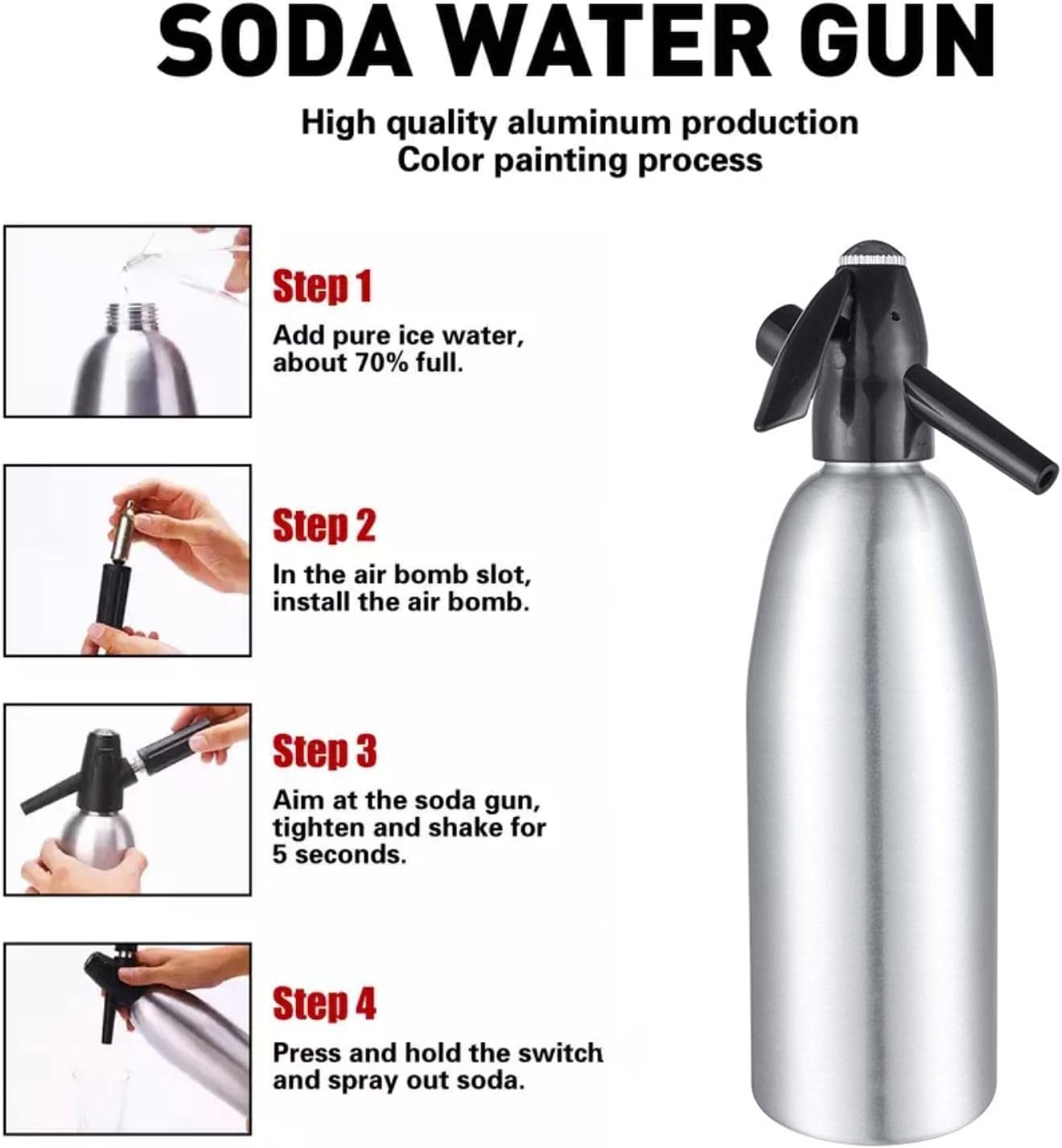 Sparkling Water Maker, 1L Soda Streaming Machine, Aluminum Soda Maker for Home, Portable Water Maker for Soda Water, Cocktails or Soda Water, 8 gram CO2 Cartridges(Not Included) (Silver)