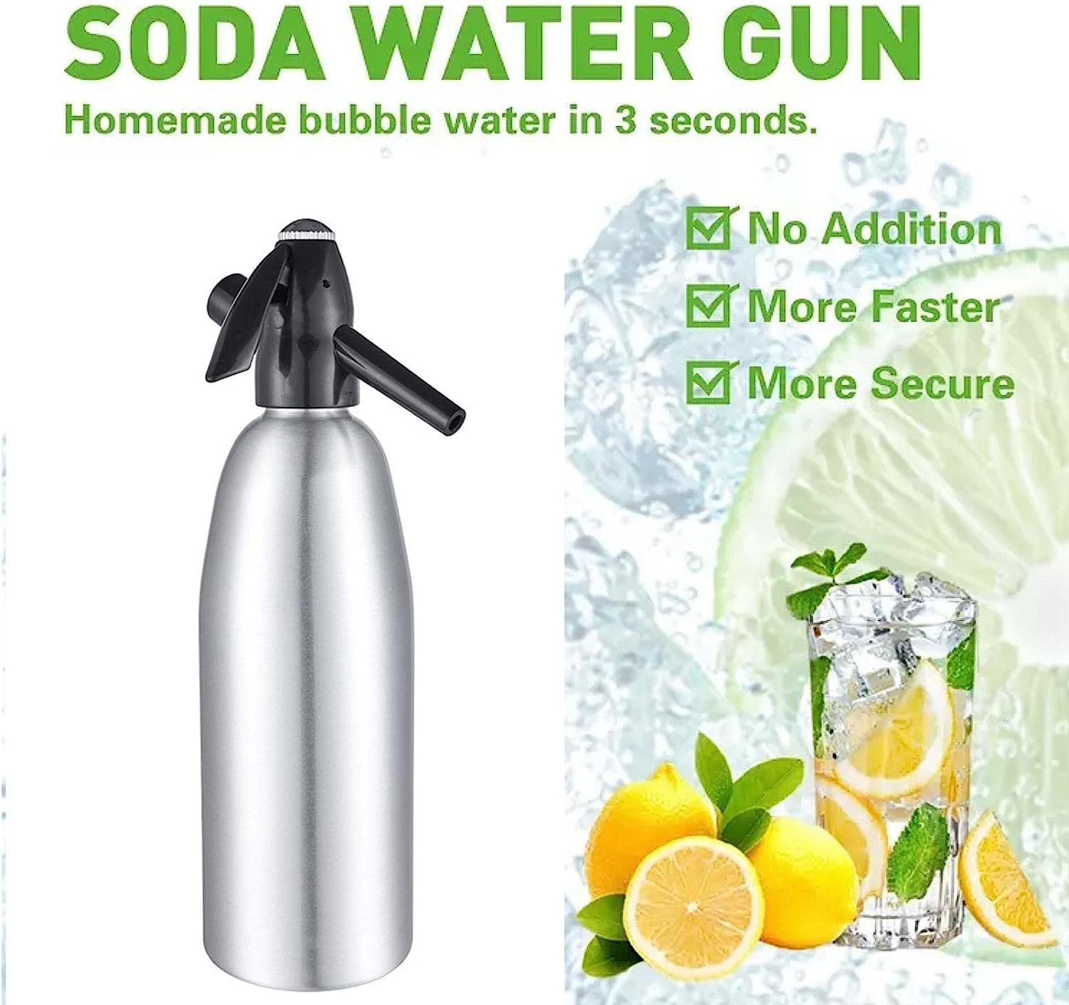 Sparkling Water Maker, 1L Soda Streaming Machine, Aluminum Soda Maker for Home, Portable Water Maker for Soda Water, Cocktails or Soda Water, 8 gram CO2 Cartridges(Not Included) (Silver)