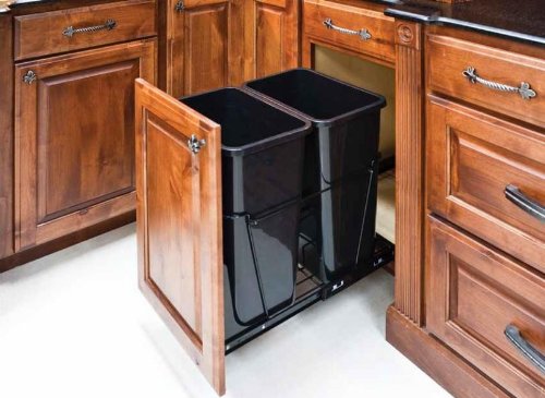 Hardware Resources Pull-Out Waste Container - Easy-to-Mount Cabinet Garbage Can Rolling Insert - Heavy-Duty Steel Frame - Smooth Sliding, Ball-Bearing Slides - Dual 35-Quart Capacity, Black Finish