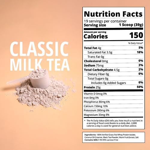 Classic Milk Tea Protein Powder | 25g Grass-Fed Whey Protein Isolate Powder | Gluten-Free & Soy-Free Bubble Tea Protein Drink | Real Ingredients & Lactose-Free | 19 Servings