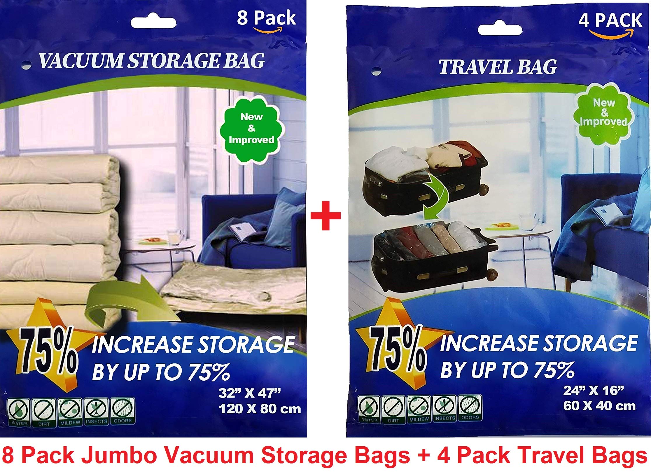 YAWPED 12 Pack Combo Premium Jumbo Extra Large Vacuum Storage Space Saver Bags X8 (47X32 Inch) with Travel Bag X4 (60X40cm)