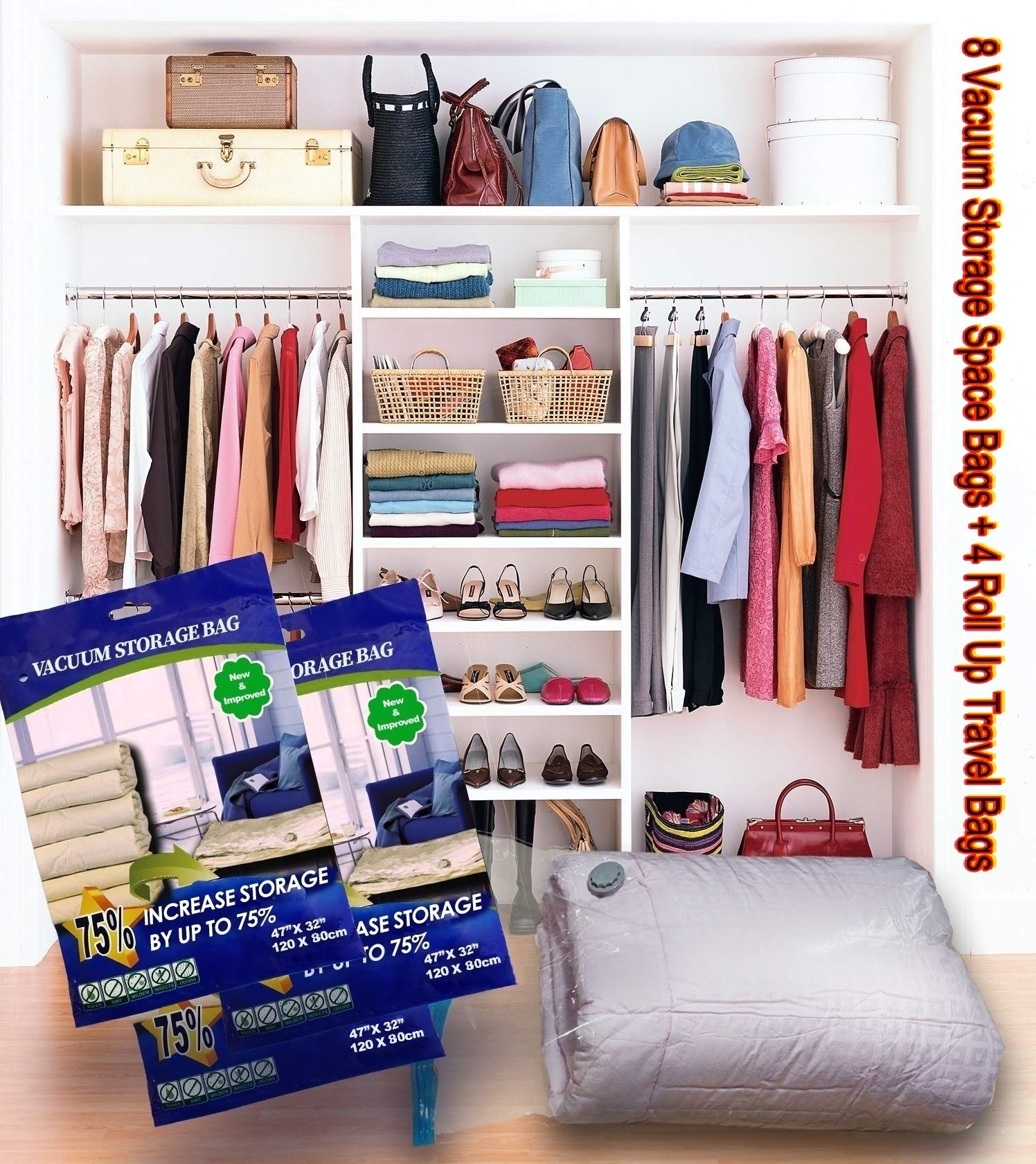 YAWPED 12 Pack Combo Premium Jumbo Extra Large Vacuum Storage Space Saver Bags X8 (47X32 Inch) with Travel Bag X4 (60X40cm)