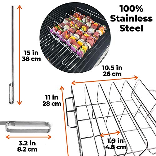 Cataumet BBQ Barbecue Combo Shish Kabob Skewer Holder and Rib Rack Grilling Stand Made with Genuine 304 Stainless Steel with 6 Skewers