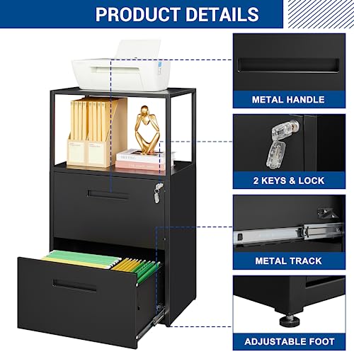 Fesbos File Cabinet with Shelves & 2 Lockable Drawers - Home Office Lockable Lateral Filing Cabinet for Hanging Files Letter/Legal/F4/A4 Size - Assembly Required