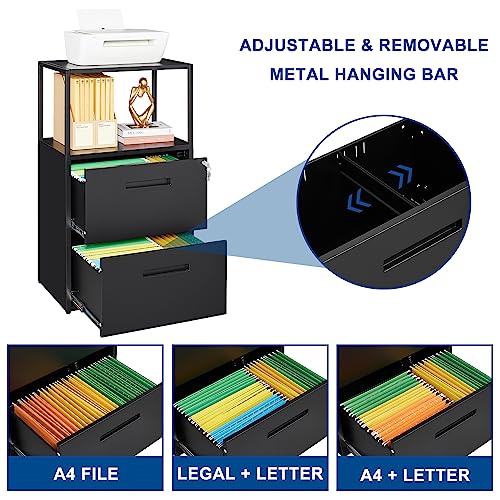 Fesbos File Cabinet with Shelves & 2 Lockable Drawers - Home Office Lockable Lateral Filing Cabinet for Hanging Files Letter/Legal/F4/A4 Size - Assembly Required
