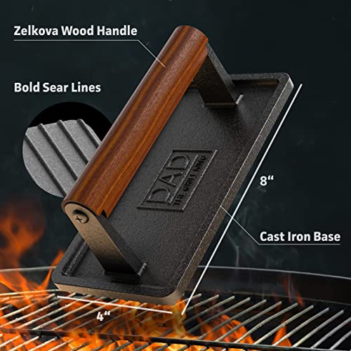 Soho Grilling Gift for Dad, BBQ Cast Iron Grill Press for Smash Burger, Hamburger, Meat, Bacon (2.6 lbs) Cooking Weight with Wood Handle for Christmas/Birthday “Dad The Grill King” (Gift Boxed)