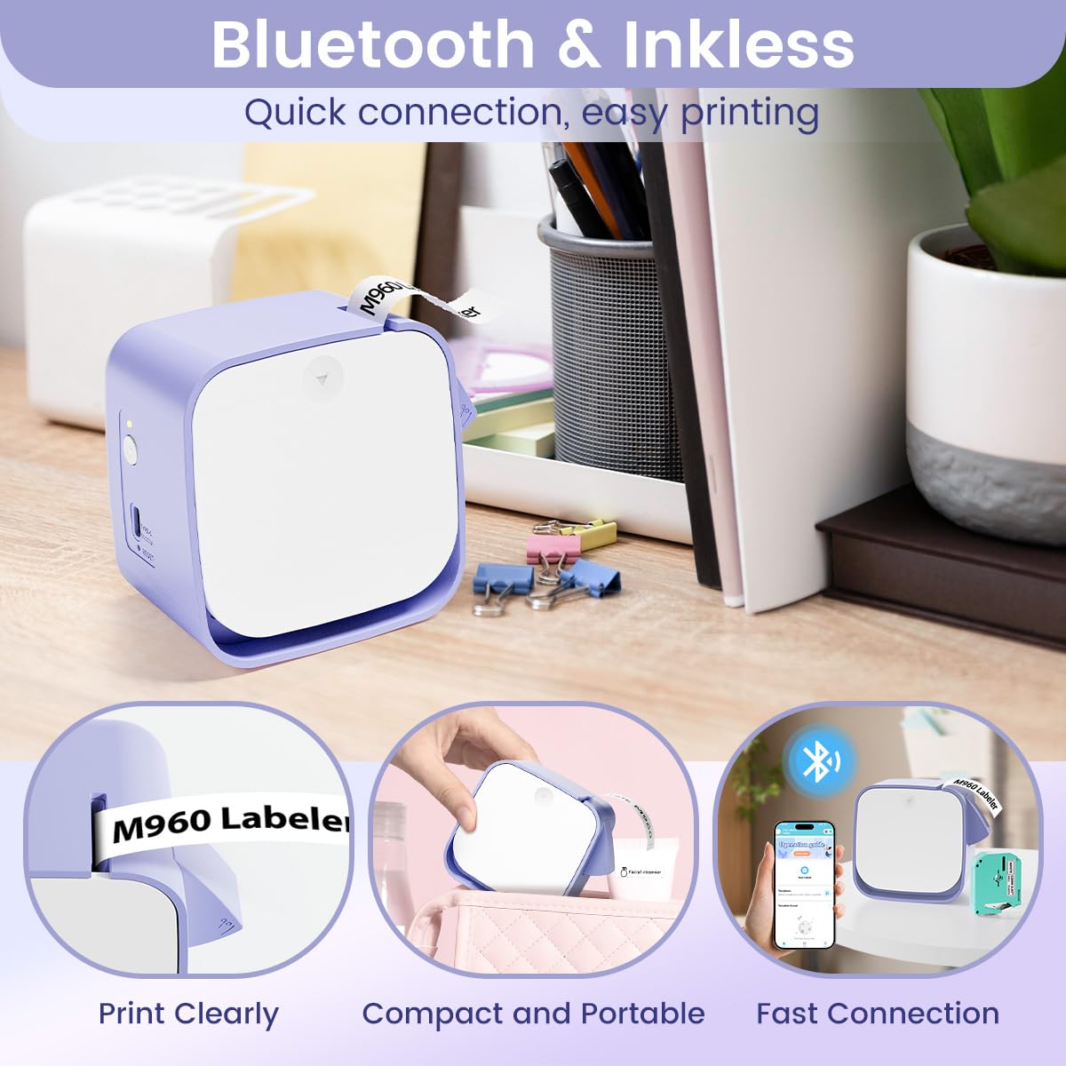 Vixic Label Maker Machine, Bluetooth Labeler, Inkless & Portable Min Label Maker, 12mm 0.47'' Labeling Tapes, Easy to Use, Multiple Icons for Home School Organizing, Rechargeable, M960 Purple