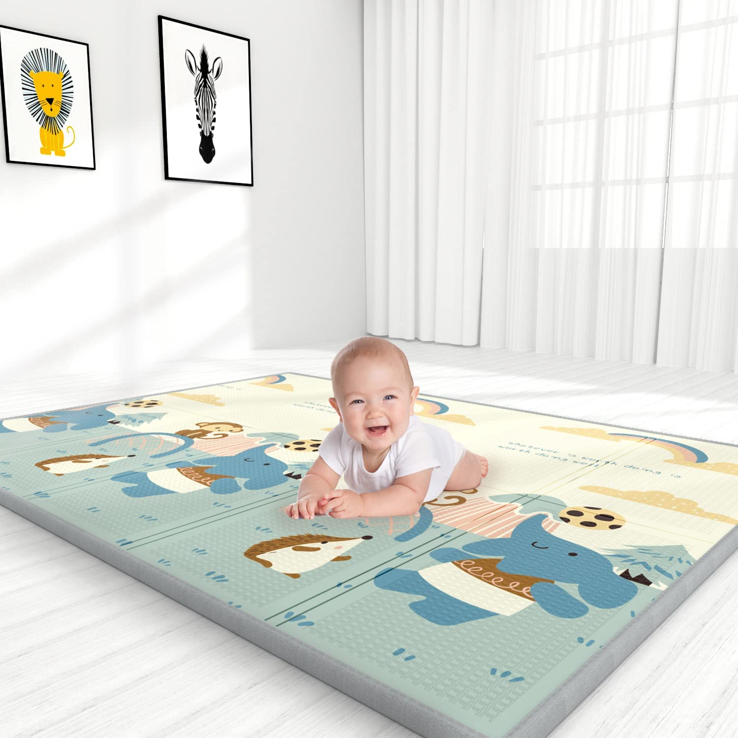 YOOVEE Foldable Baby Play Mat for Crawling, Extra Large Play Mat for Baby, Waterproof Non Toxic Anti-Slip Reversible Foam Playmat for Baby Toddlers Kids (Whale)