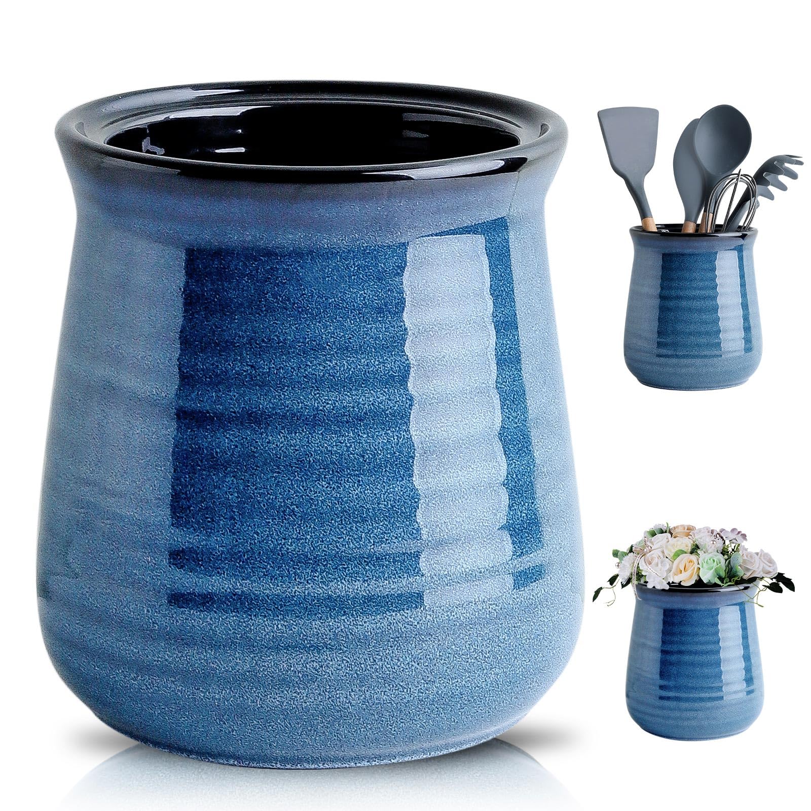 Tikooere Large Kitchen Utensil Holder for Countertop - 7.1” x 5.9” Vintage Blue Ceramic Utensil Crock, Utensil Caddy for Farmhouse Decor, Christmas, Thanksgiving Gift