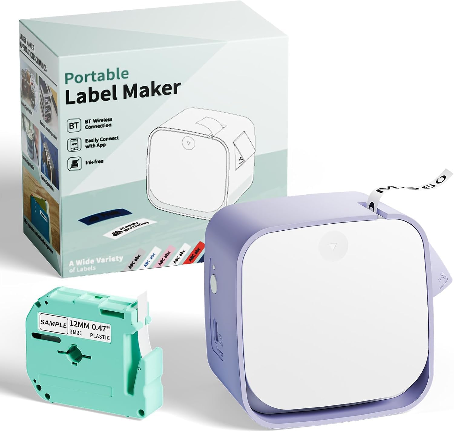 Vixic Label Maker Machine, Bluetooth Labeler, Inkless & Portable Min Label Maker, 12mm 0.47'' Labeling Tapes, Easy to Use, Multiple Icons for Home School Organizing, Rechargeable, M960 Purple