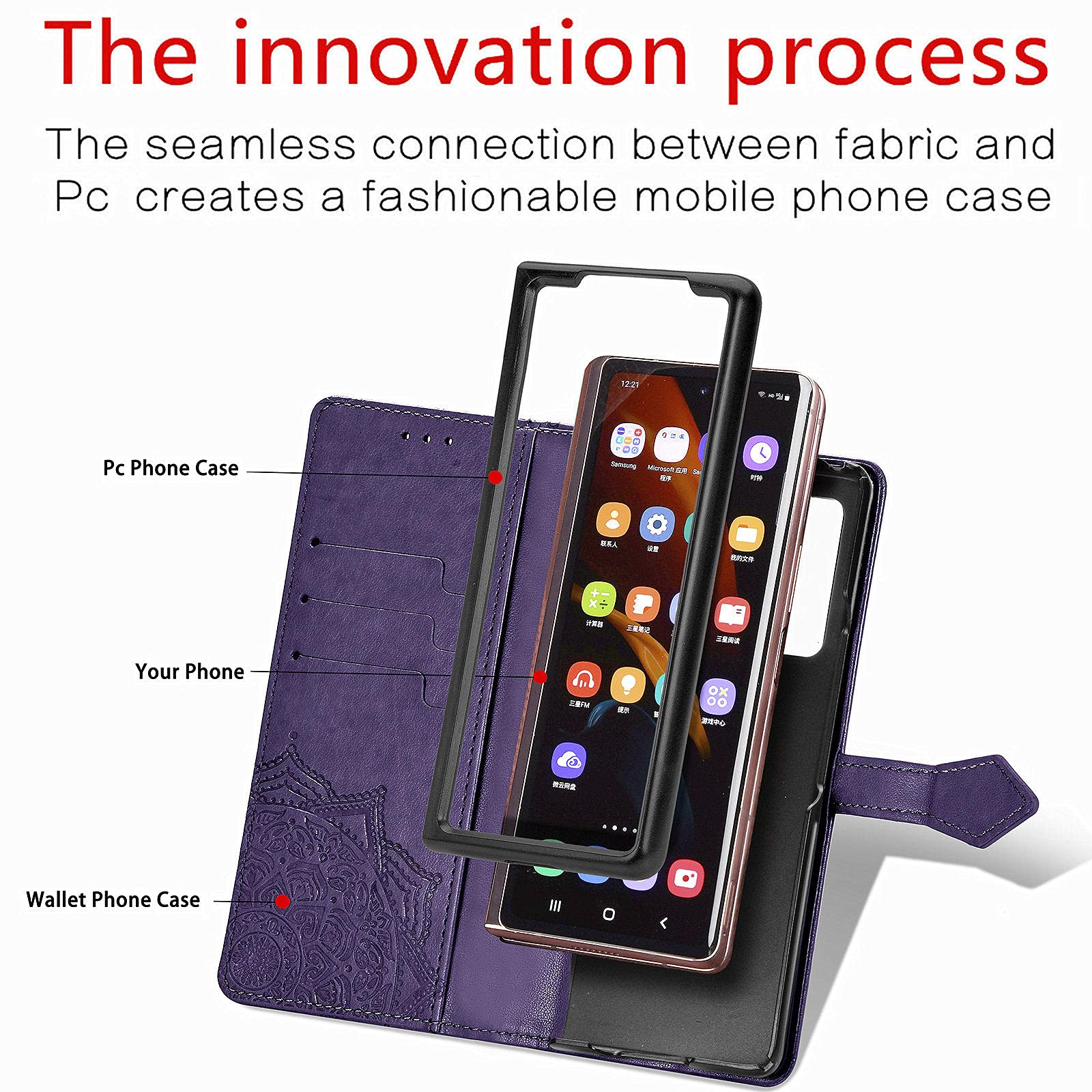 for Samsung Galaxy Z Fold 5 Case,Samsung Z Fold 5 Wallet Case,Flip Case PU Leather Emboss Henna Floral Mandala Flowers Folio Magnetic Kickstand Cover Card Slots for Samsung Galaxy Z Fold 5 Purple