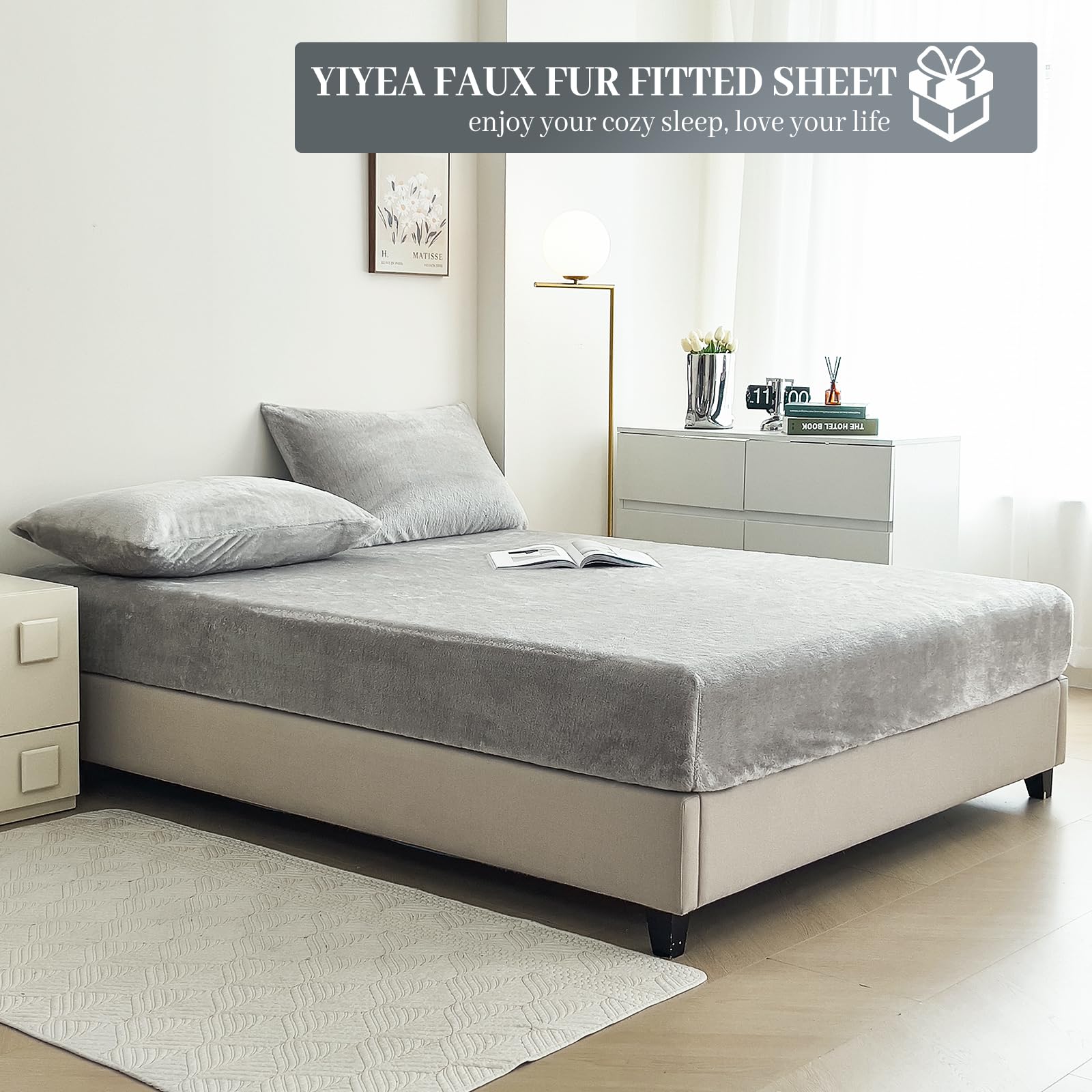 YIYEA Fleece Fitted Sheet Full Size, Ultra Soft Faux Fur Deep Pocket, Fluffy Plush Velvet for Fall Winter, Cozy Warmth and No Shedding, Light Grey