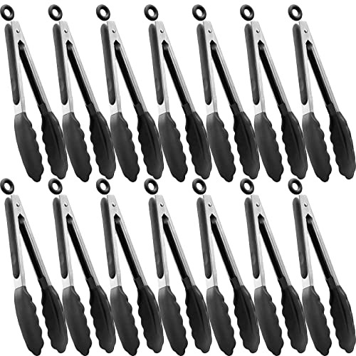 KIKitchen 14Pcs Black Kitchen Tongs, Tongs for Cooking with Silicone Tips 7Inch Serving Tongs Stainless Steel Locking Kitchen Tongs BBQ Grilling Tong for Salad, Grilling, Frying and Cooking