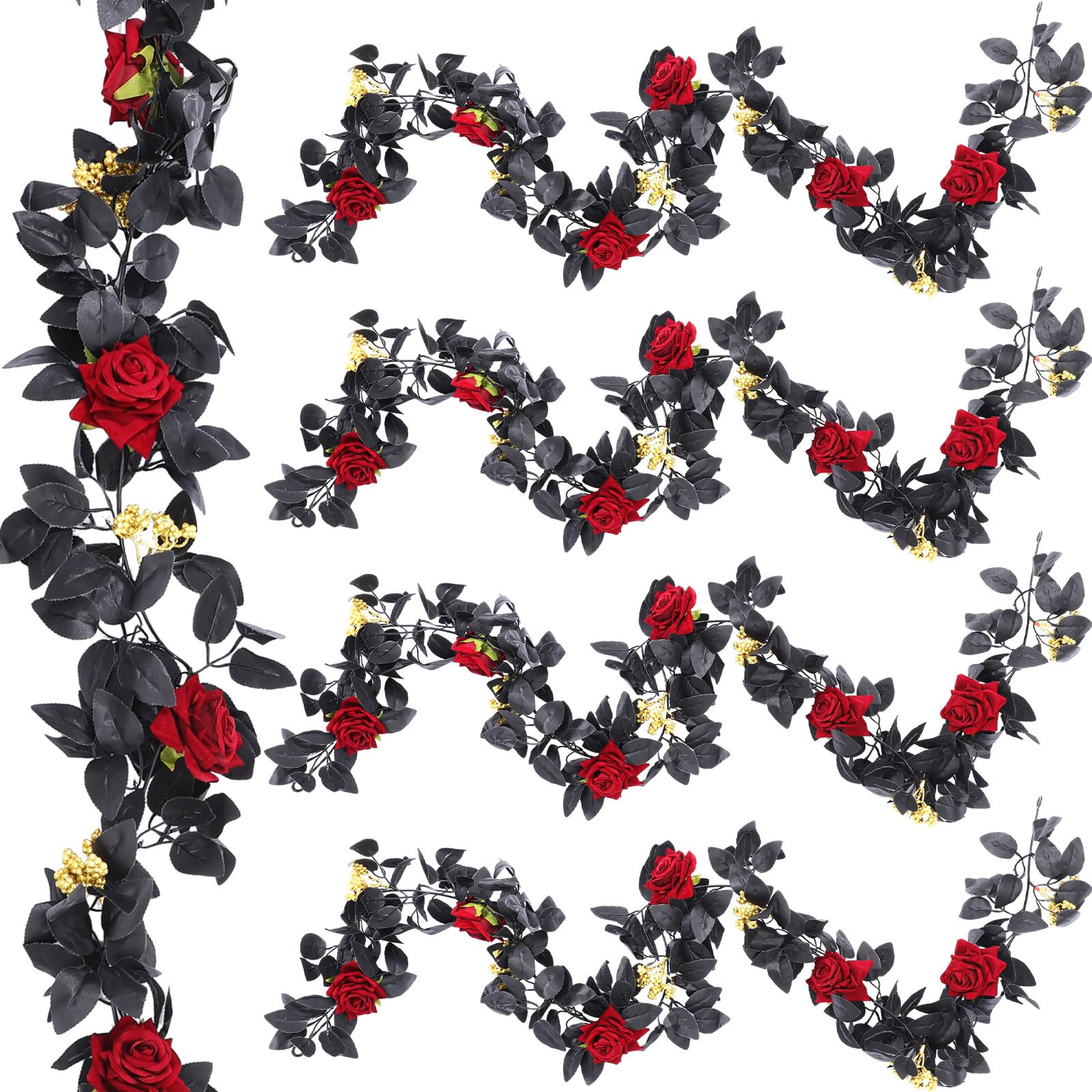 Zeyune 5 Pcs Halloween Artificial Black Rose Vine Fake Floral Wall Hanging Ornaments Dark Flower Floral Vines Decorative Black Rose Garland with Golden Berries and Black Leaves for Home Wedding Party